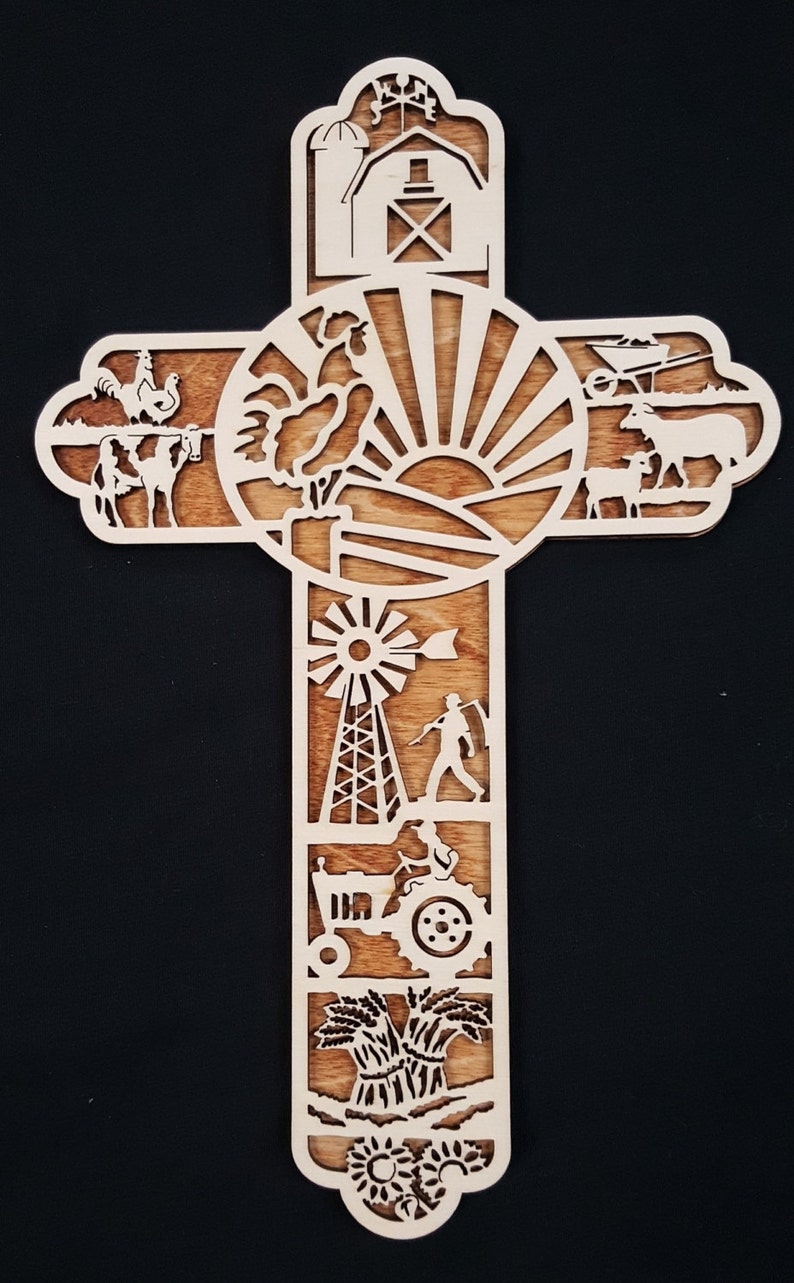 Large Farm Themed Wooden Cross Wall Decor- Laser Cut Birch Wood - Etsy