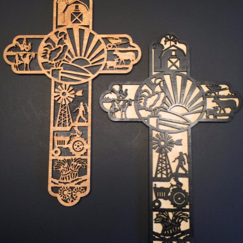 Small Farm Themed Wooden Cross Wall Decor- Laser Cut Birch Wood - Etsy
