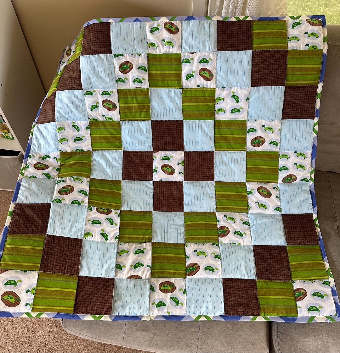 Handmade Turtle Baby Quilt: Blue & Green Blanket (36” X 36”) - Etsy