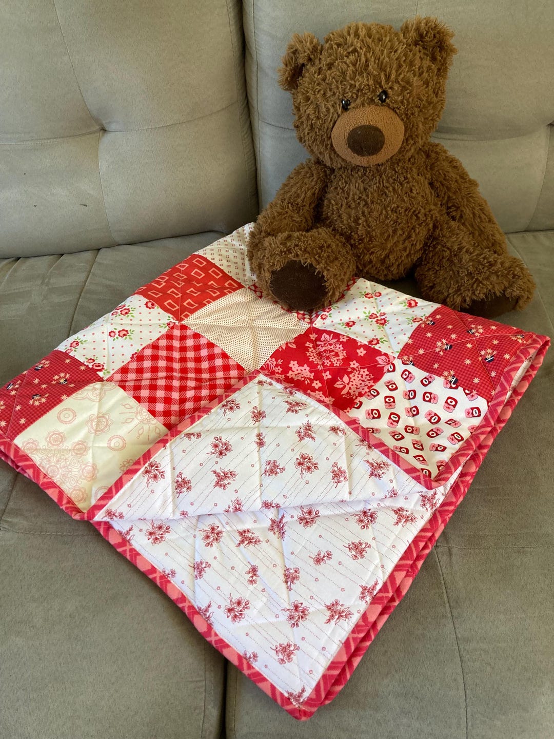 Handmade Patchwork Baby Quilt: Red & Pink Blanket (36” X 36”) - Etsy