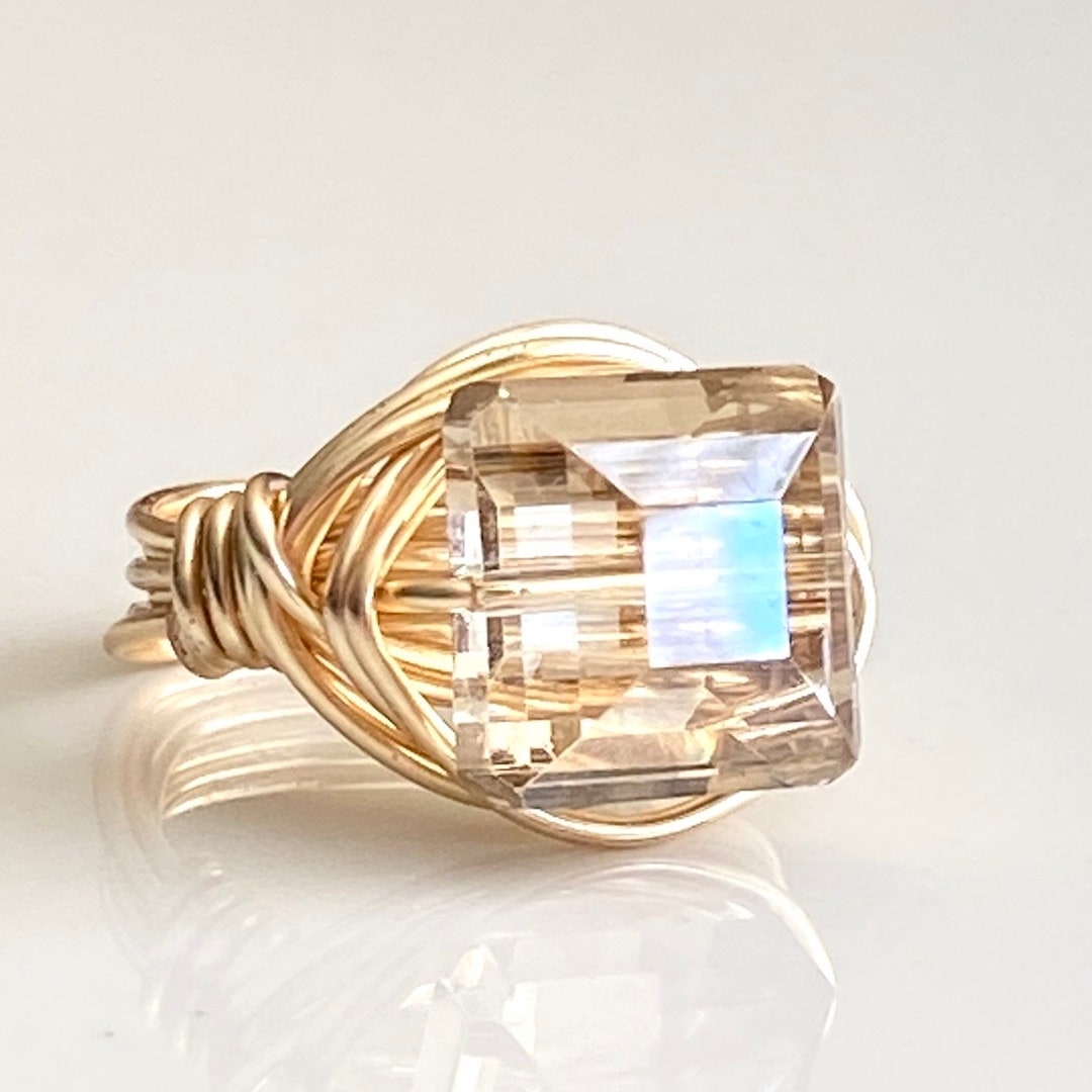 Gold Wire Wrapped Ring Champagne Square Crystal Cocktail Statement Ring ...