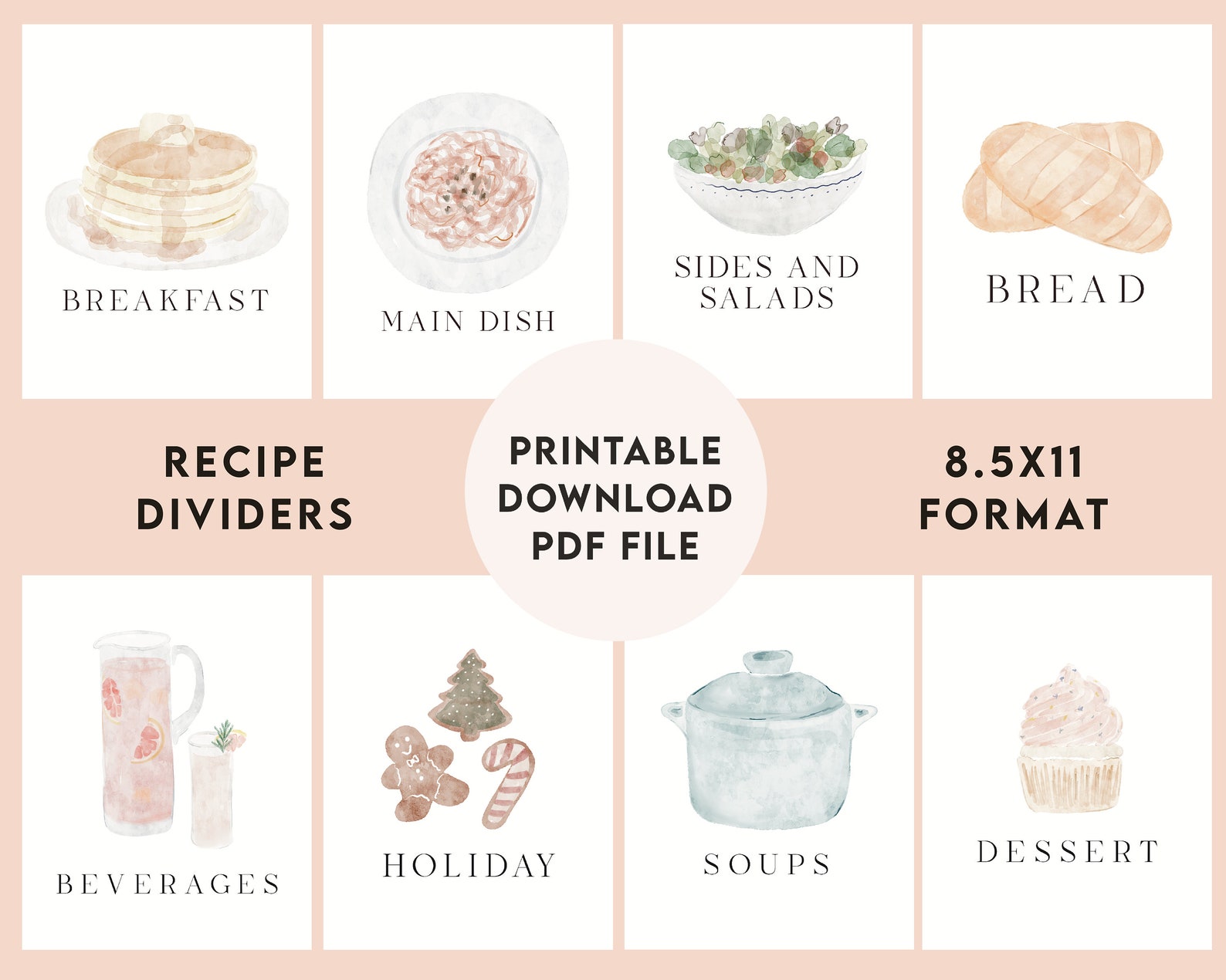 Watercolor Recipe Binder Dividers: Vintage Kitchen Art (digital ...