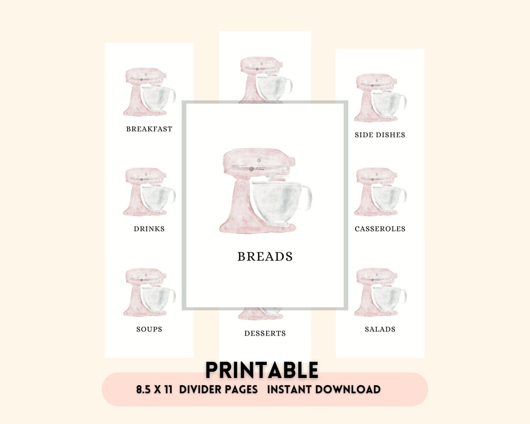 PRINTABLE Kitchen Stand Mixer Recipe Binder Dividers 8.5x11 Pages ...