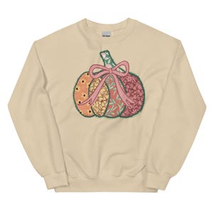 Cute Patchwork Pumpkin Print With Bow Sweatshirt, Cottagecore ...