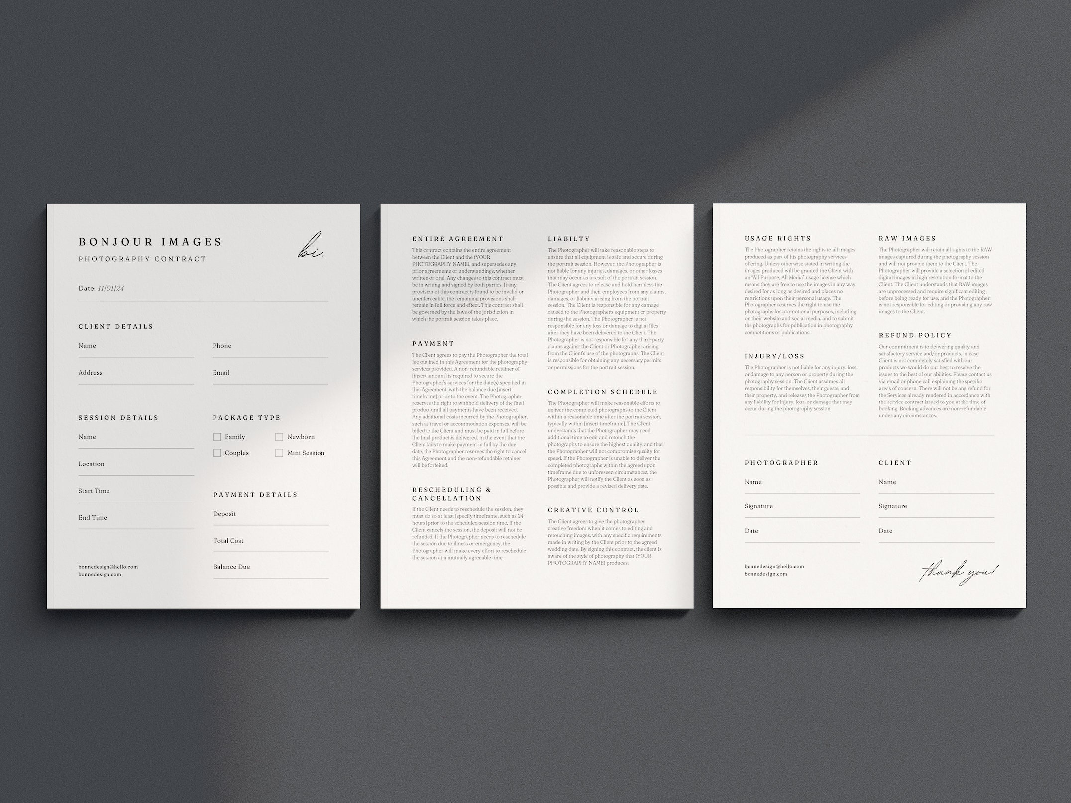 Minimal Wedding Photography Contract | Photography Forms | Photographer ...