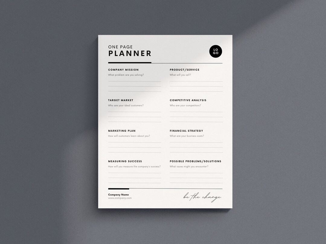 One Page Business Plan Canva Template | 1-pg Business Plan Template ...