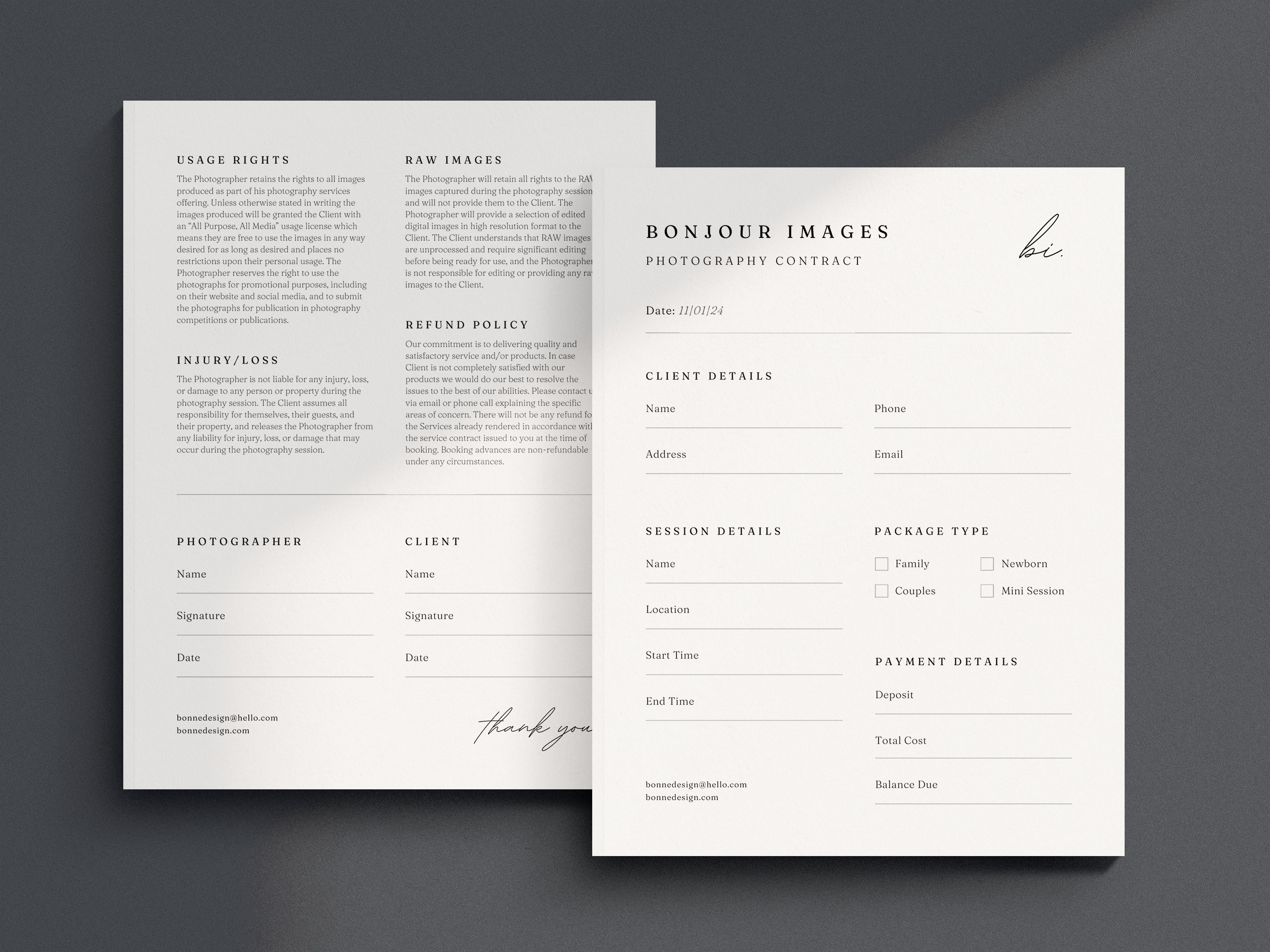Minimal Wedding Photography Contract | Photography Forms | Photographer ...
