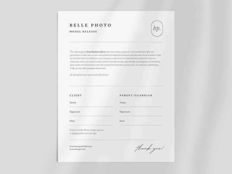 Minimal Photographer Model Release Template | Photography Minor Model ...