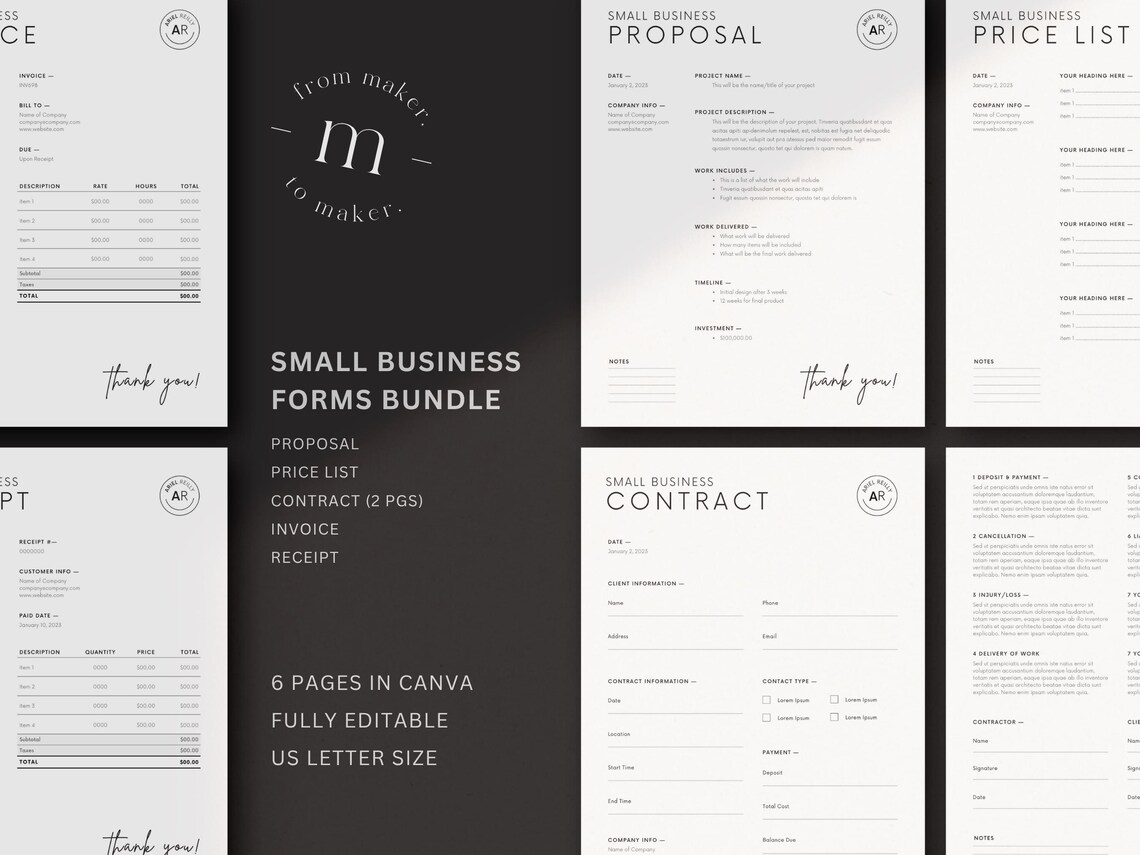 Small Business Template Forms Bundle: Proposal, Price List, Contract ...