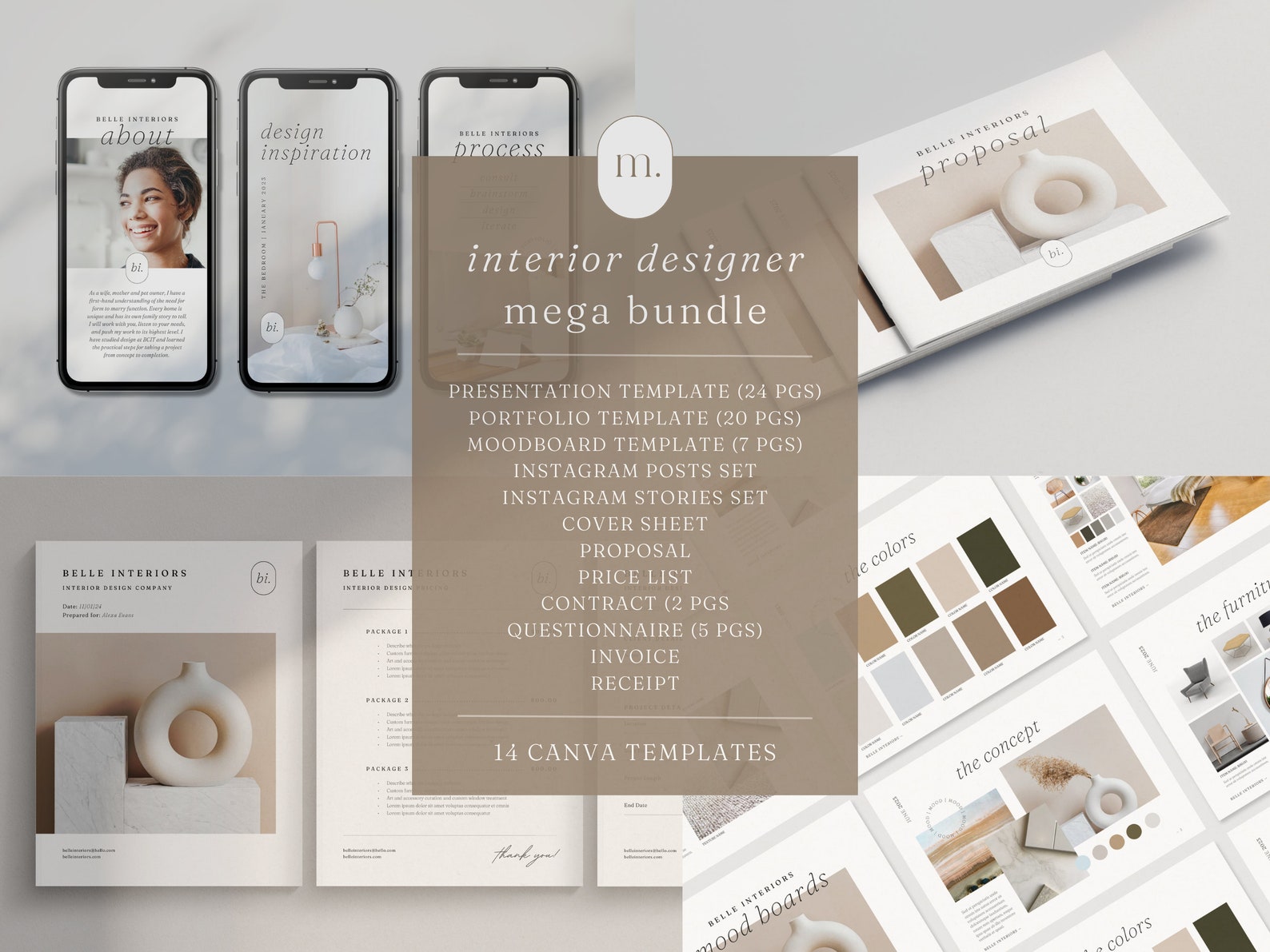 Minimalist Interior Designer Bundle Canva Template Set Interior Design Onboarding Presentation ...