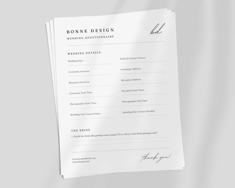 Minimal Wedding Photography Questionnaire | Wedding Client Checklist ...