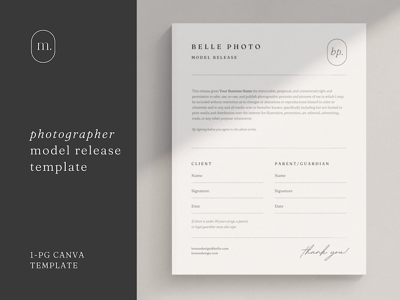 Minimalist Photographer Model Release Template: Editable Canva Consent ...