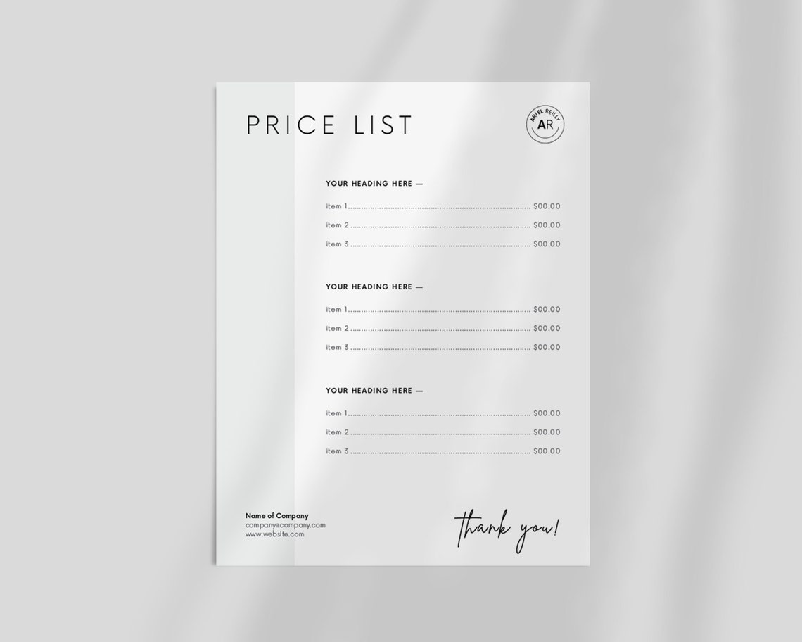 Modern 1 Page Basic Price List Template Simple Price List Minimal ...