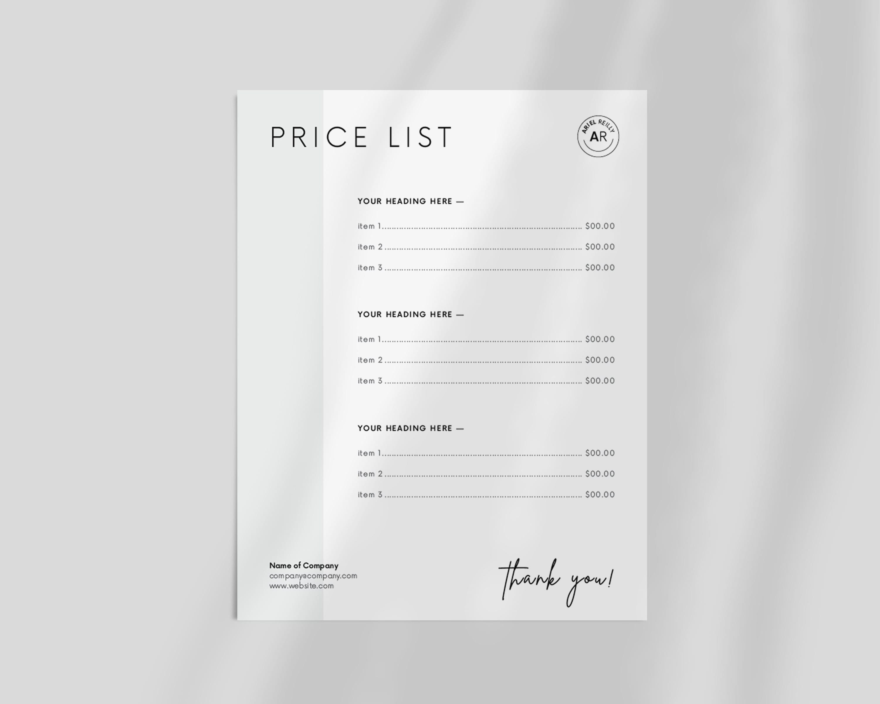 Modern 1 Page Basic Price List Template | Simple Price List | Minimal ...