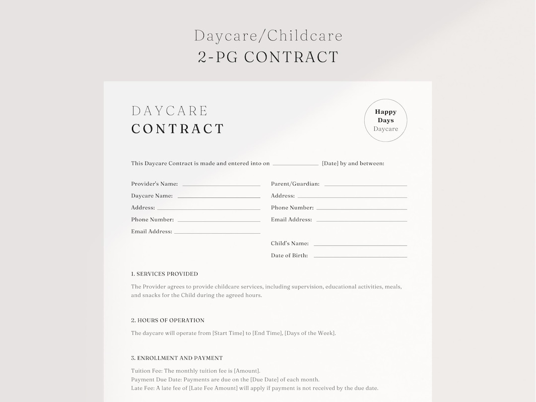 Daycare Contract | Childcare Contract | Daycare Liability Forms ...