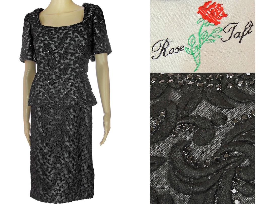 80s Vintage Rose Taft Dress 1940s Style Heavily Embroidered - Etsy