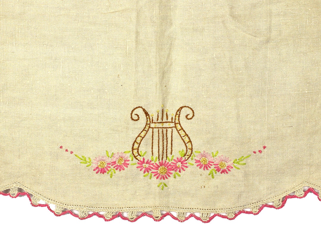 Vintage Mantel Scarf, Altar Cloth, Ecru Linen, Hand Embroidered Harp ...