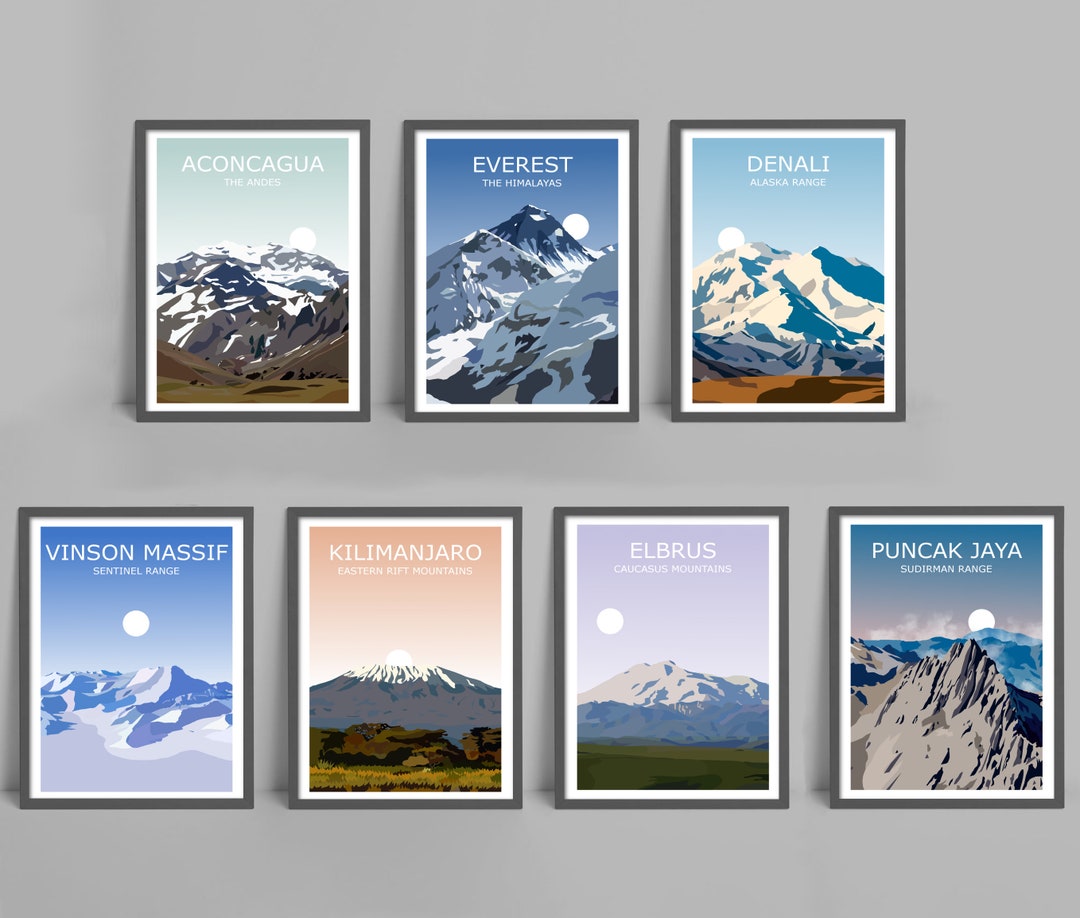 The Seven Summits Set of 7 Art Prints - Everest, Aconcagua, Denali ...
