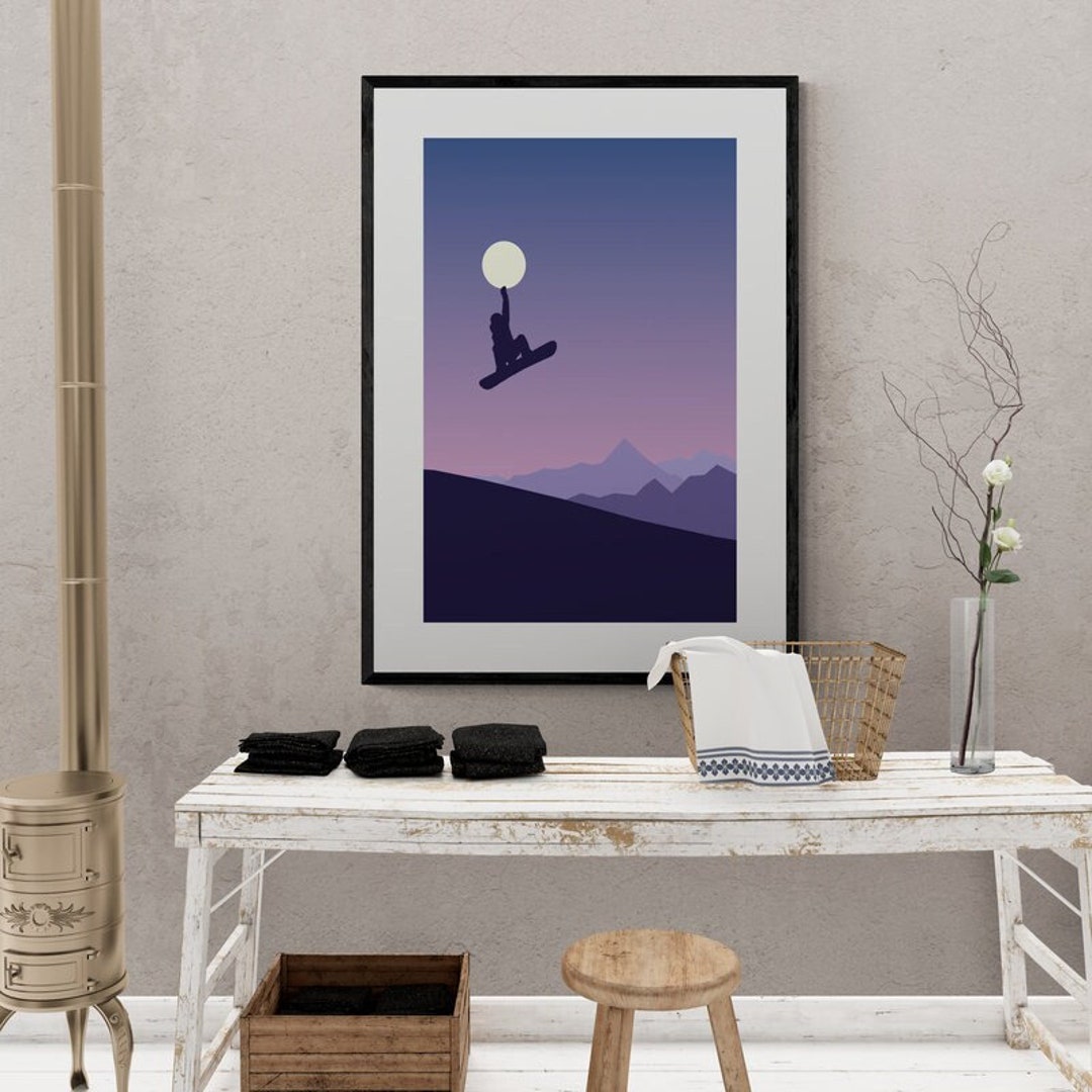 Snowboarding Landscape Art Print, Touching the Moon, Adventure Travel ...