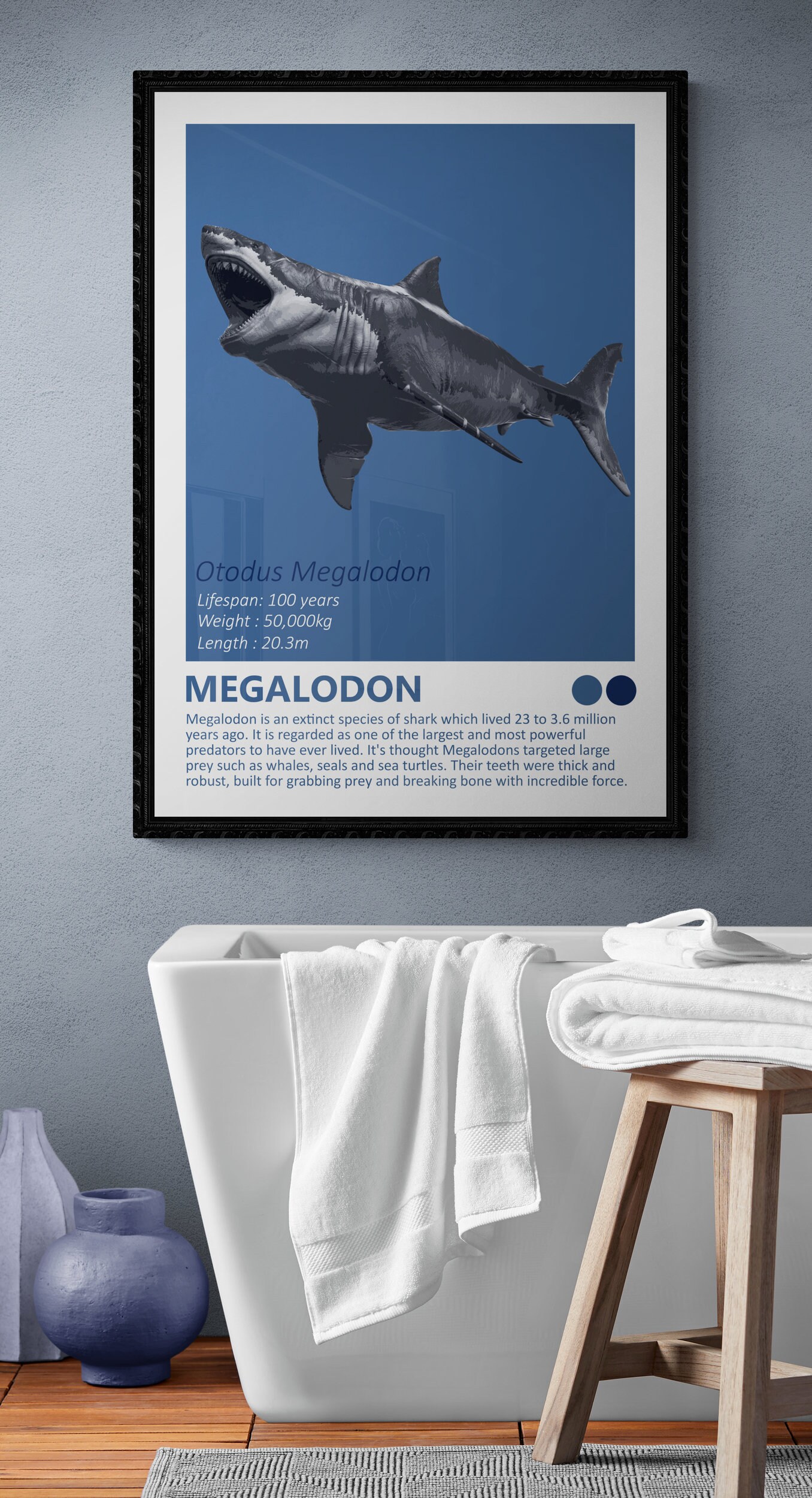 Megalodon - Shark Fact Sheet Art Print, Nautical Theme, Kids Room Home ...
