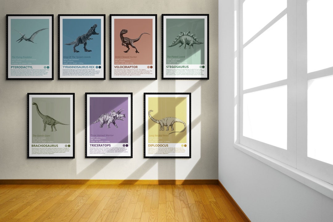 Dinosaurs Gallery Wall Art Print Set - Tyrannosaurus Rex, Velociraptor ...