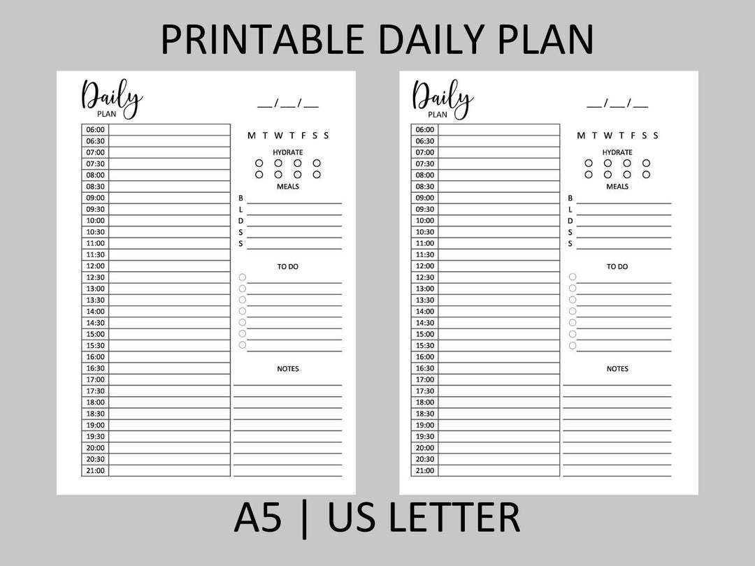Printable Daily Plan Calendar Timed Planner A5 US Letter Yearly Monthly ...