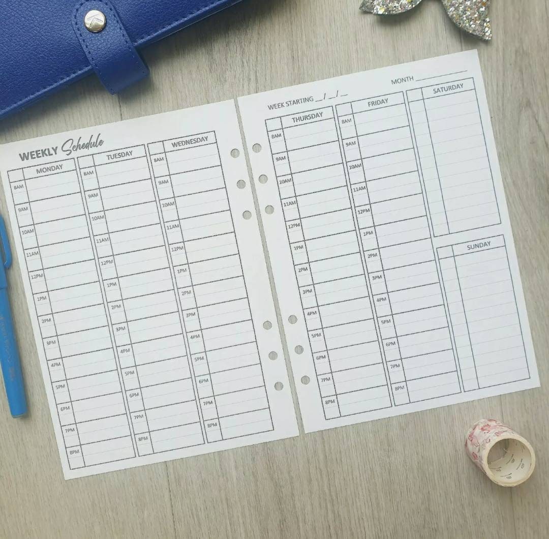 PRINTED A5 Timed Times Planner Insert WO2P Week on 2 Pages Weekly Plan ...