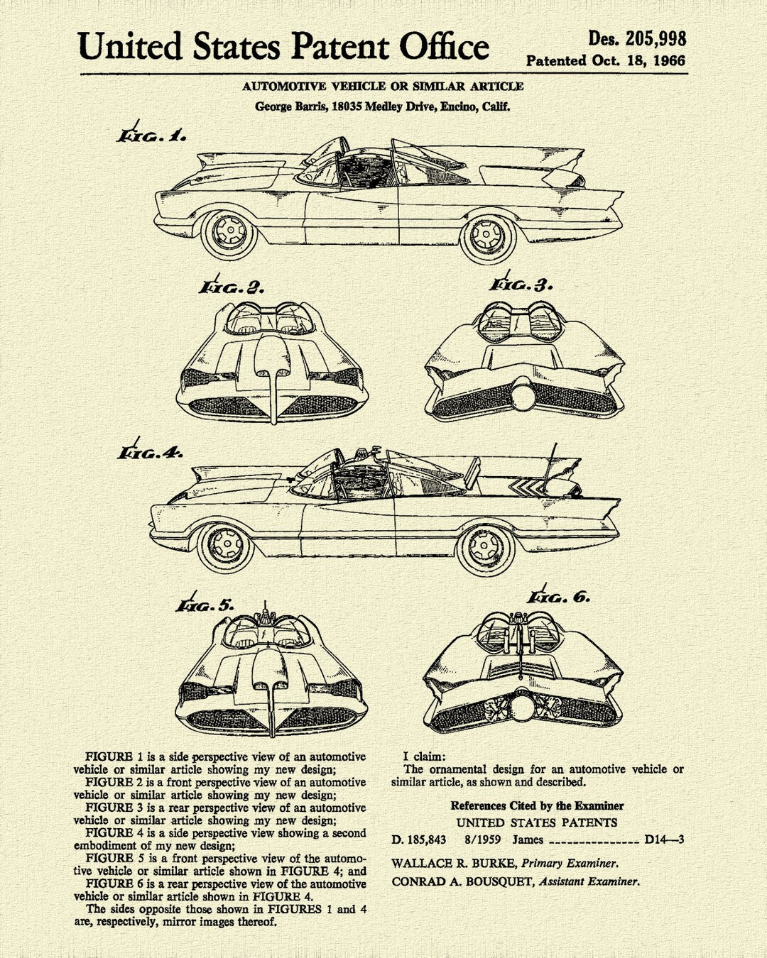 1966 Original Batmobile Design Patent Print Dye Sublimation & Heat ...