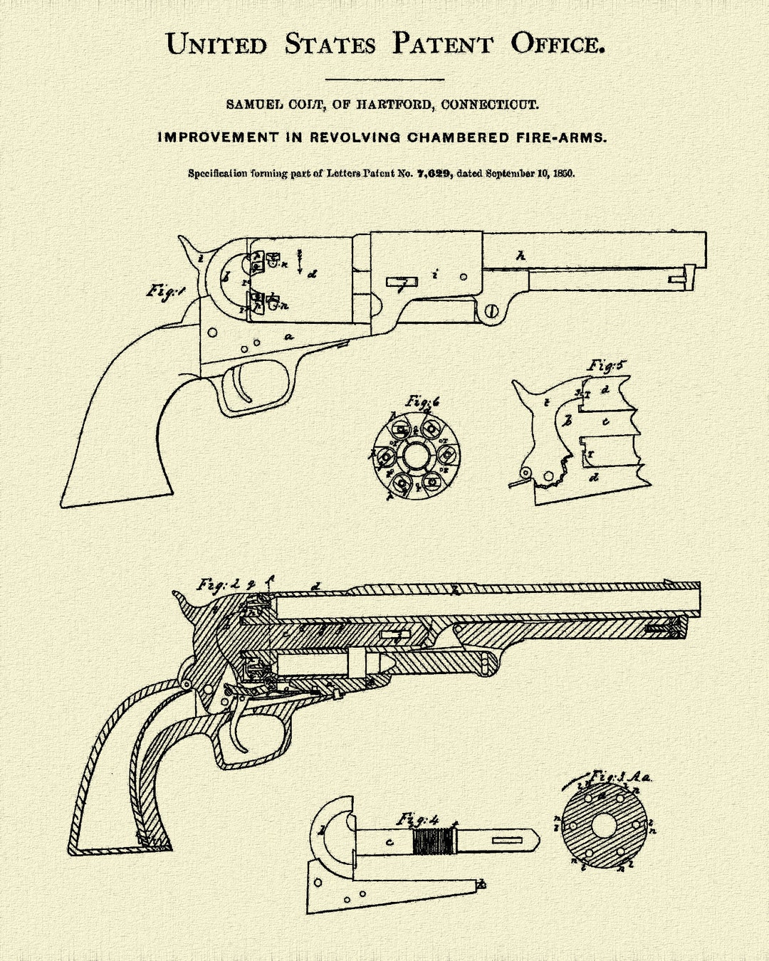 1850 Revólver Colt Patente Impresión Tinte Sublimación & Calor ...