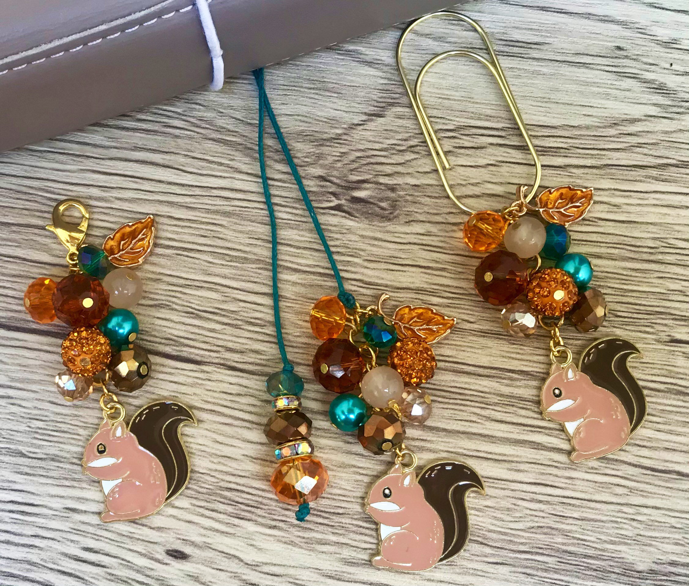 Beaded Autumn Squirrel Planner Charm Bookmark Paperclip Key - Etsy