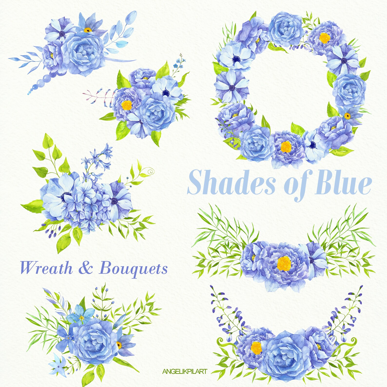 Blue Flowers Clipart, 6 Watercolor Bouquets & 1 Wreath.wedding ...