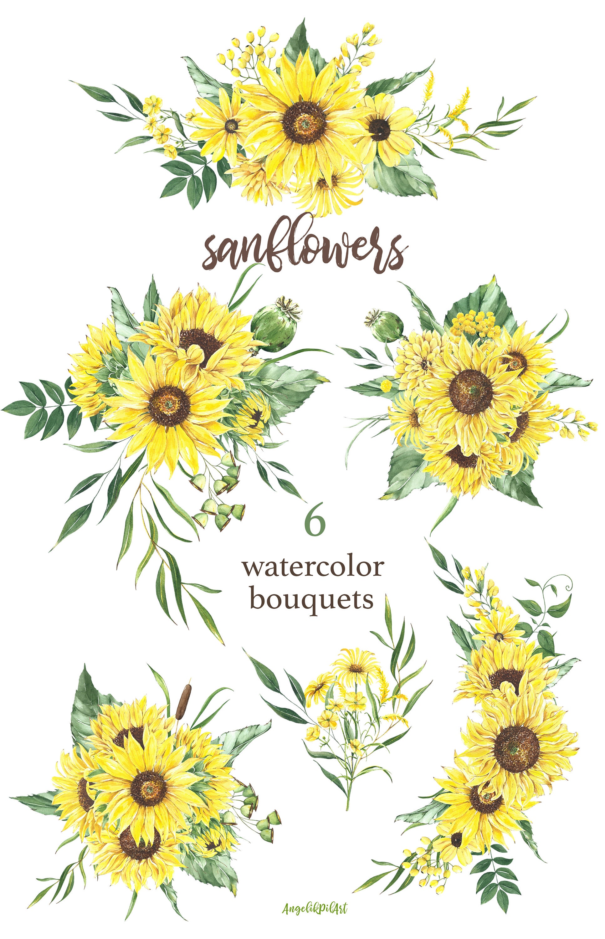 Sunflowers Clipart: 6 Watercolor Bouquets Flowers Clipart - Etsy