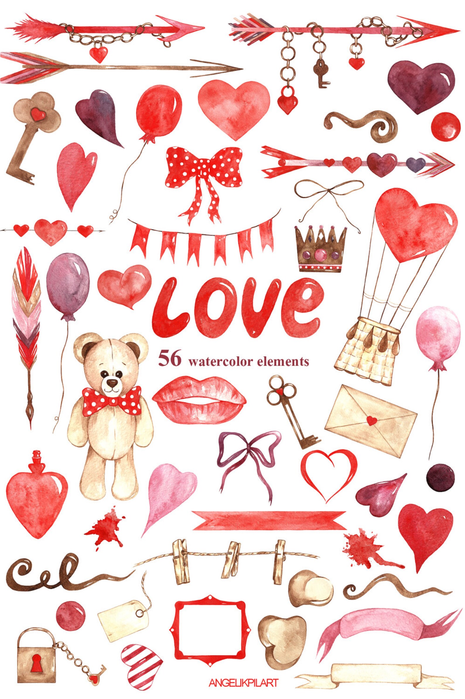 Set of 56 High Quality Hand Painted Watercolor Elements LOVE ...