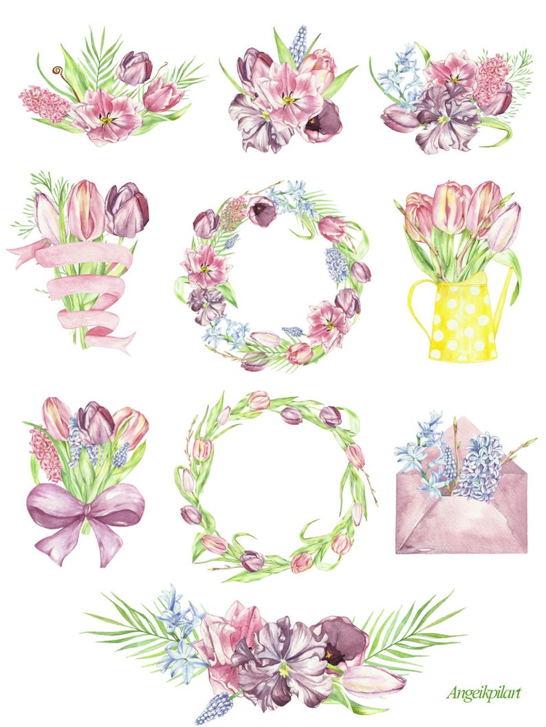 Watercolor Clipart Spring Mood, 8 Bouquets , 2 Wreath Pink, Flowers ...
