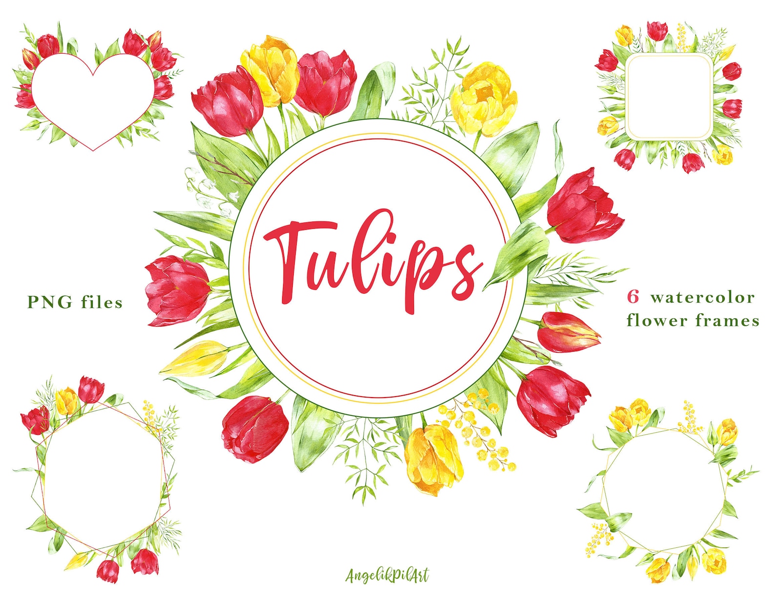 Watercolor Hand-painted Clipart. Red, Yellow Tulips, Digital Flower ...