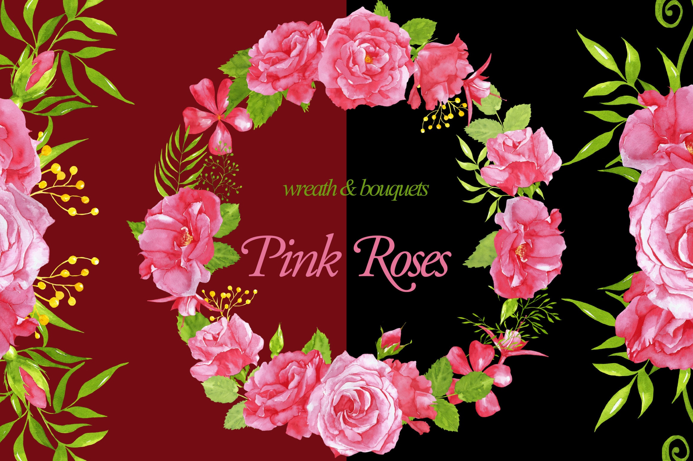 Roses Watercolor Clipart, Flower Illustration, Watercolor Wreath, Pink ...