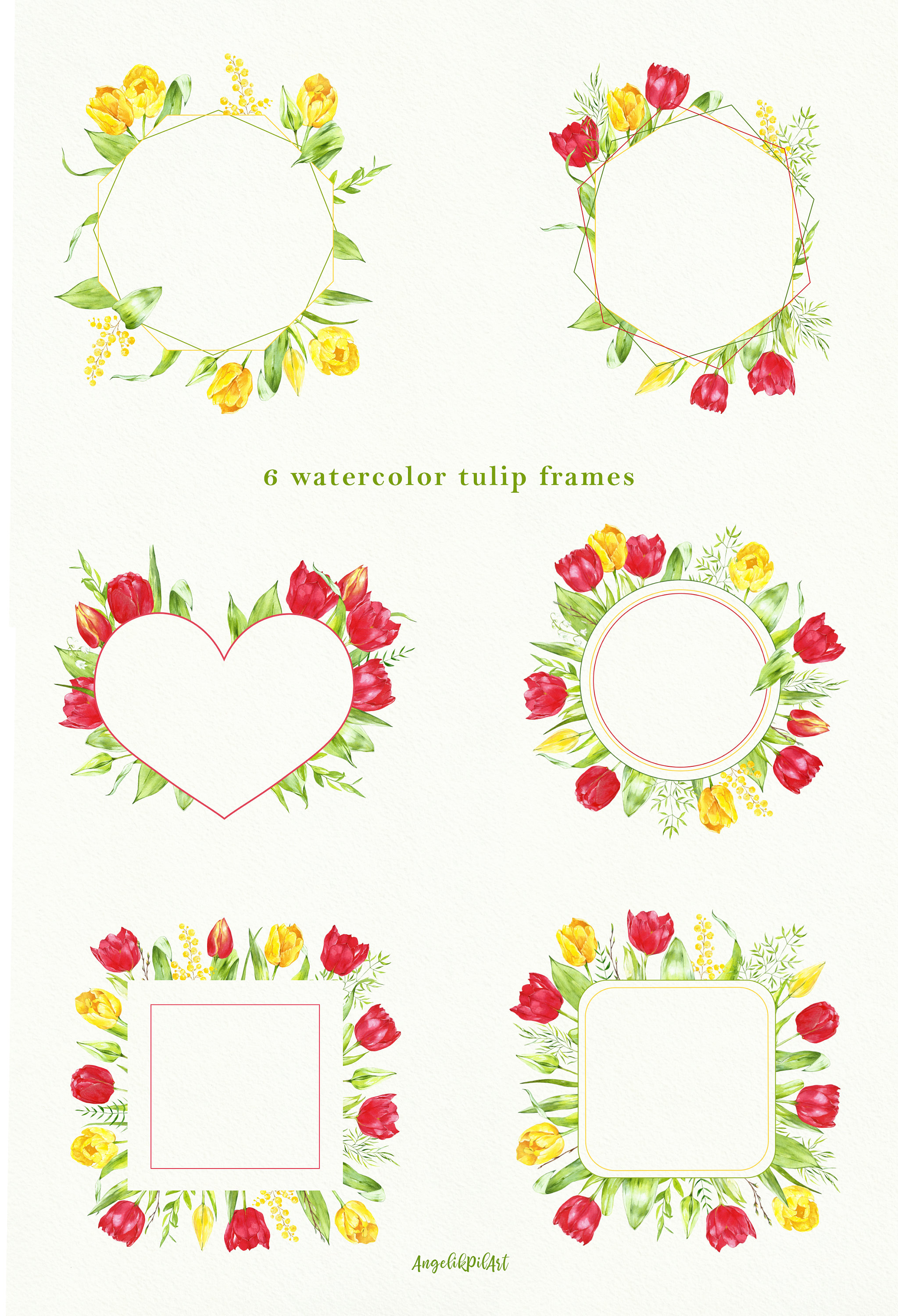 Watercolor Hand-painted Clipart. Red, Yellow Tulips, Digital Flower ...