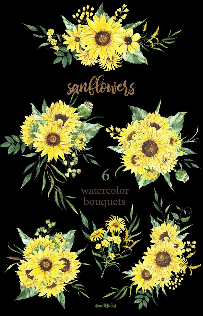 Sunflowers Clipart: 6 Watercolor Bouquets, Flowers Clipart, Wedding ...