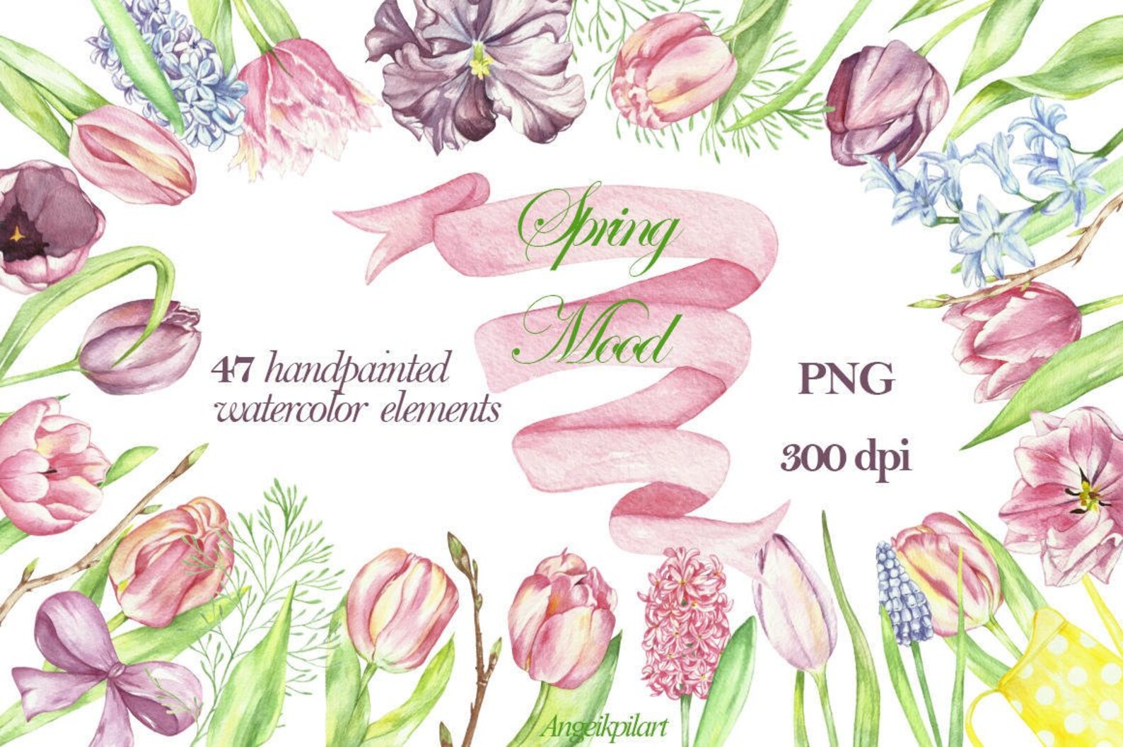 Watercolor Clipart Spring Mood 47 Separate Floral Elements - Etsy