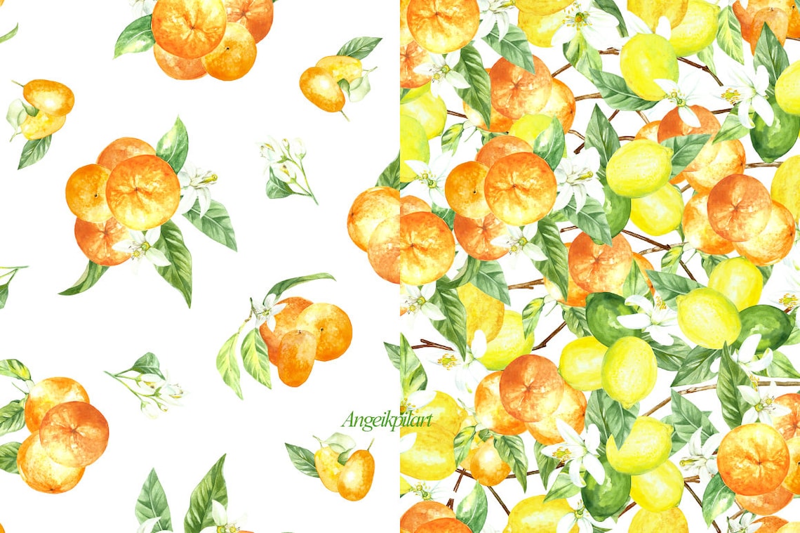 Citrus Digital Paper, Lemon , Orange, Limes. Watercolor Citrus Fruits ...