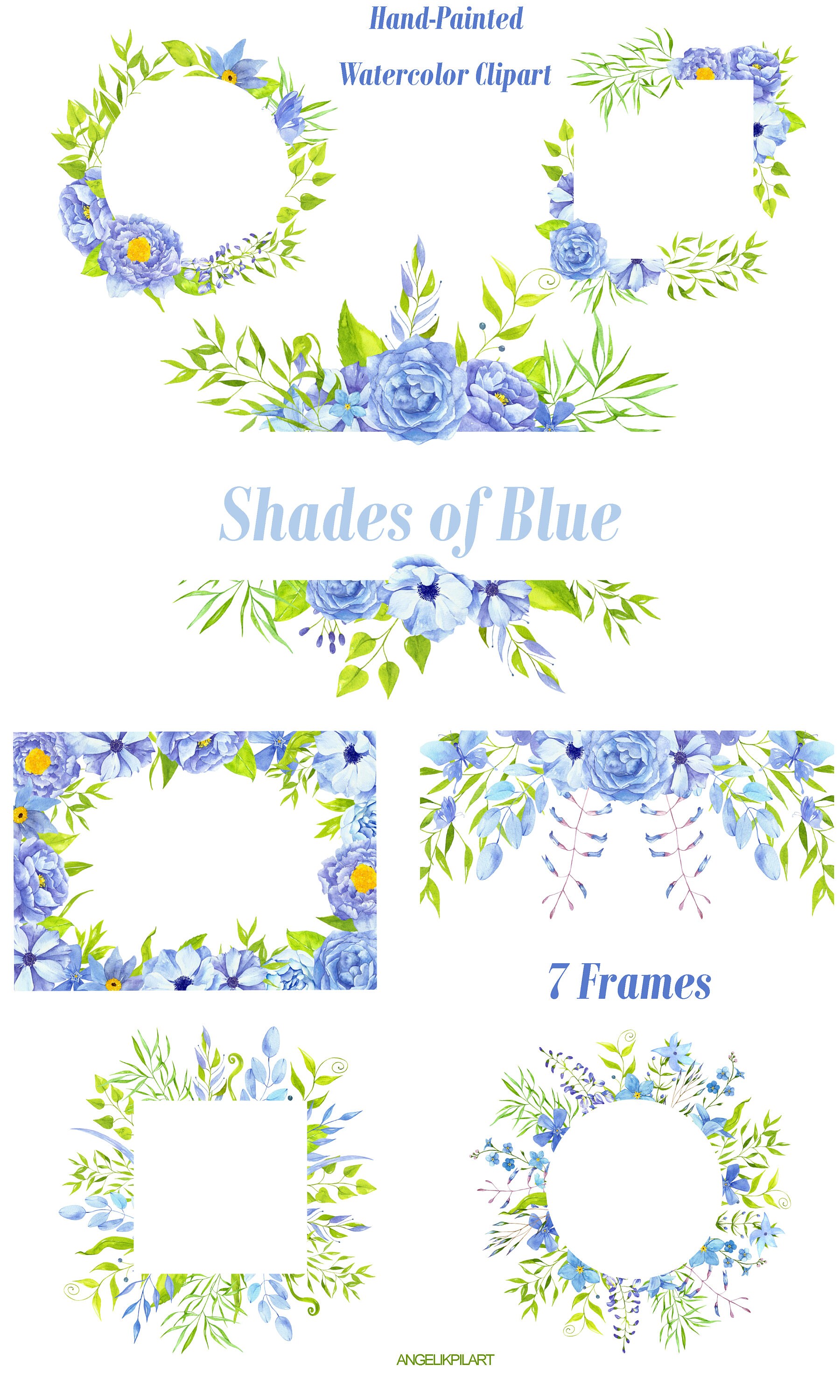 7 Frame Shades of Blue Clipart. Wedding Invitation, Floral Frames ...