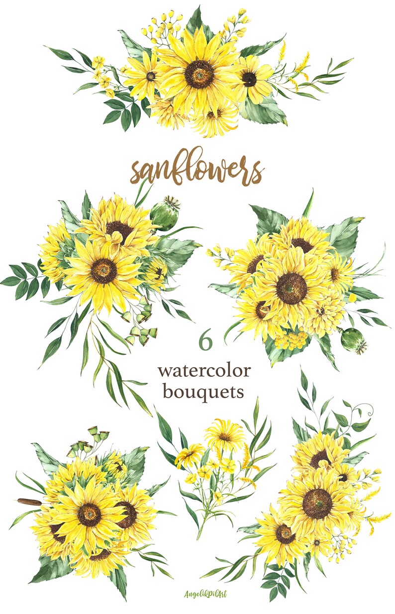 Sunflowers Clipart: 6 Watercolor Bouquets, Flowers Clipart, Wedding ...