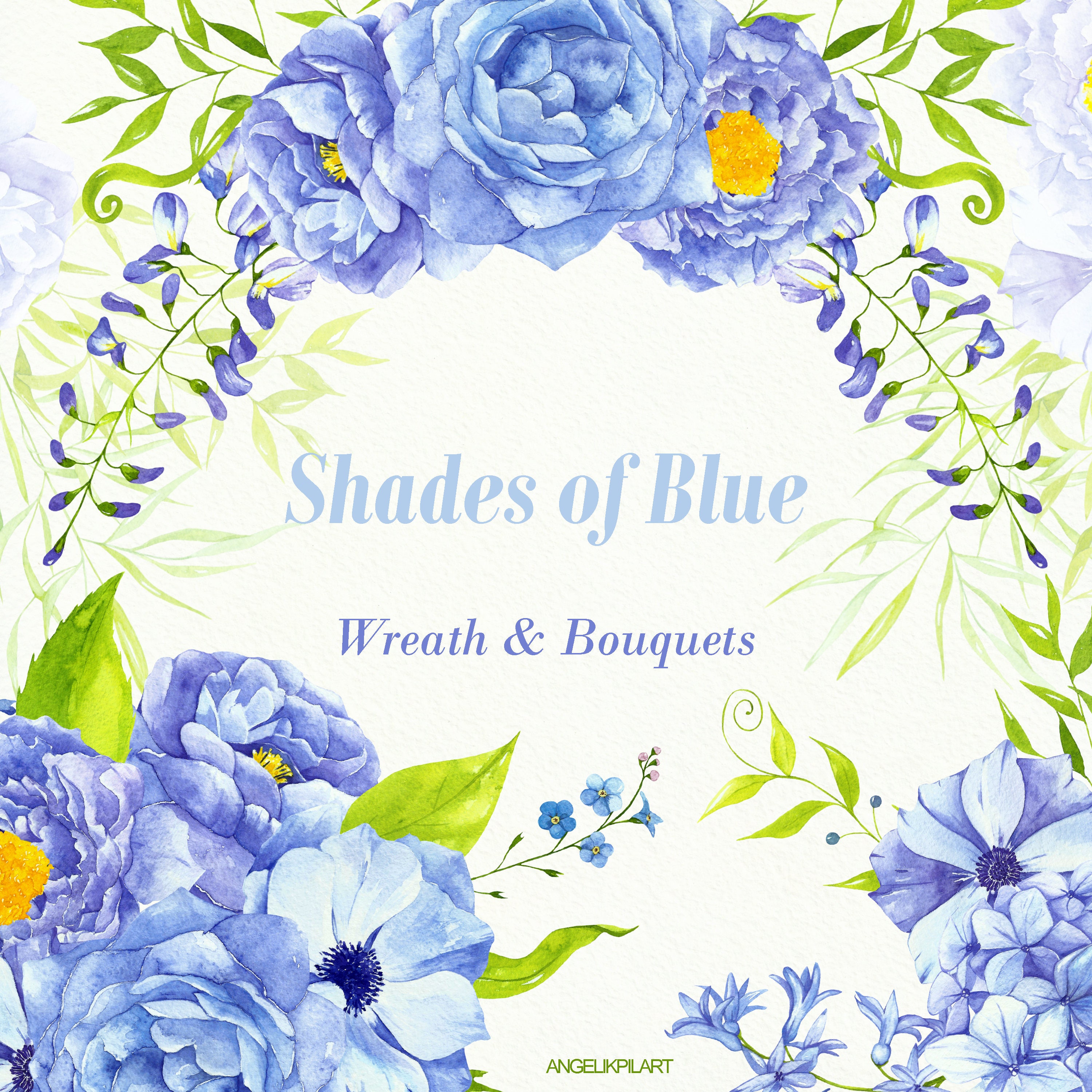 Blue Flowers Clipart, 6 Watercolor Bouquets & 1 Wreath.wedding ...