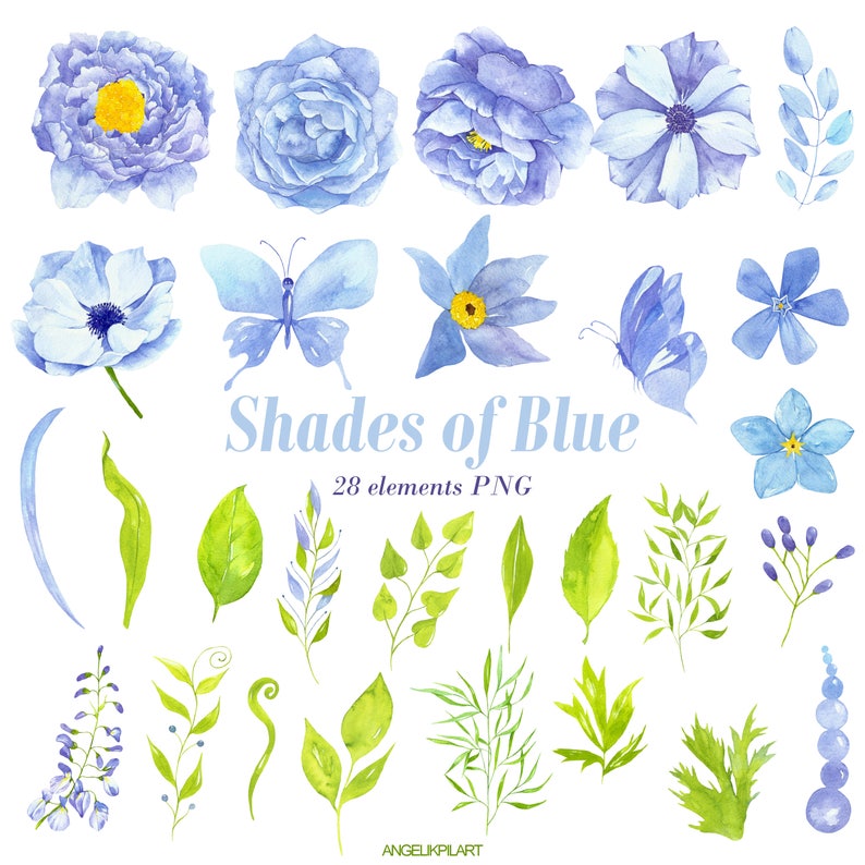 28 Watercolor Elements Blue Flowers Clipart. Wedding Invitation, Floral ...
