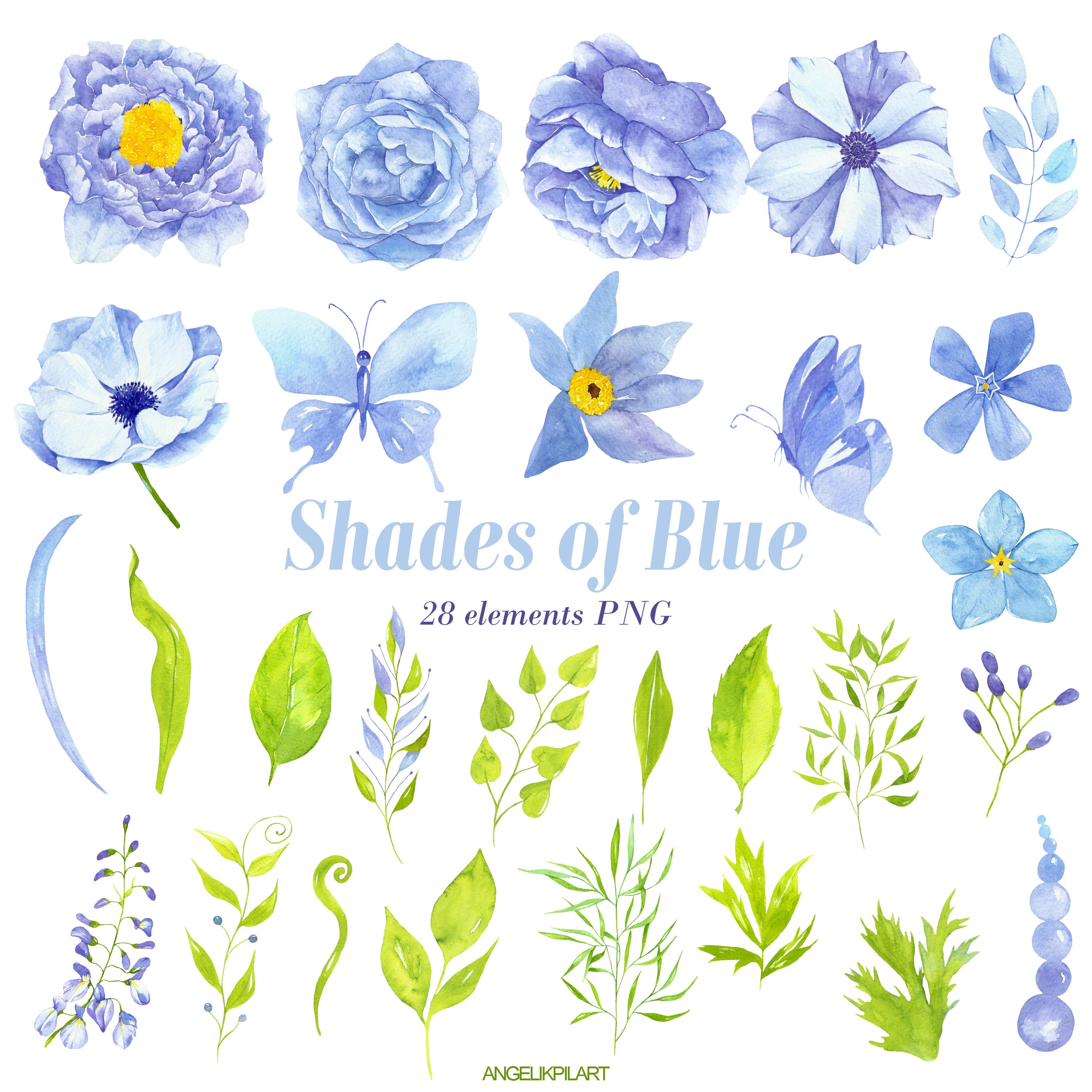 28 Watercolor Elements Blue Flowers Clipart. Wedding Invitation, Floral ...