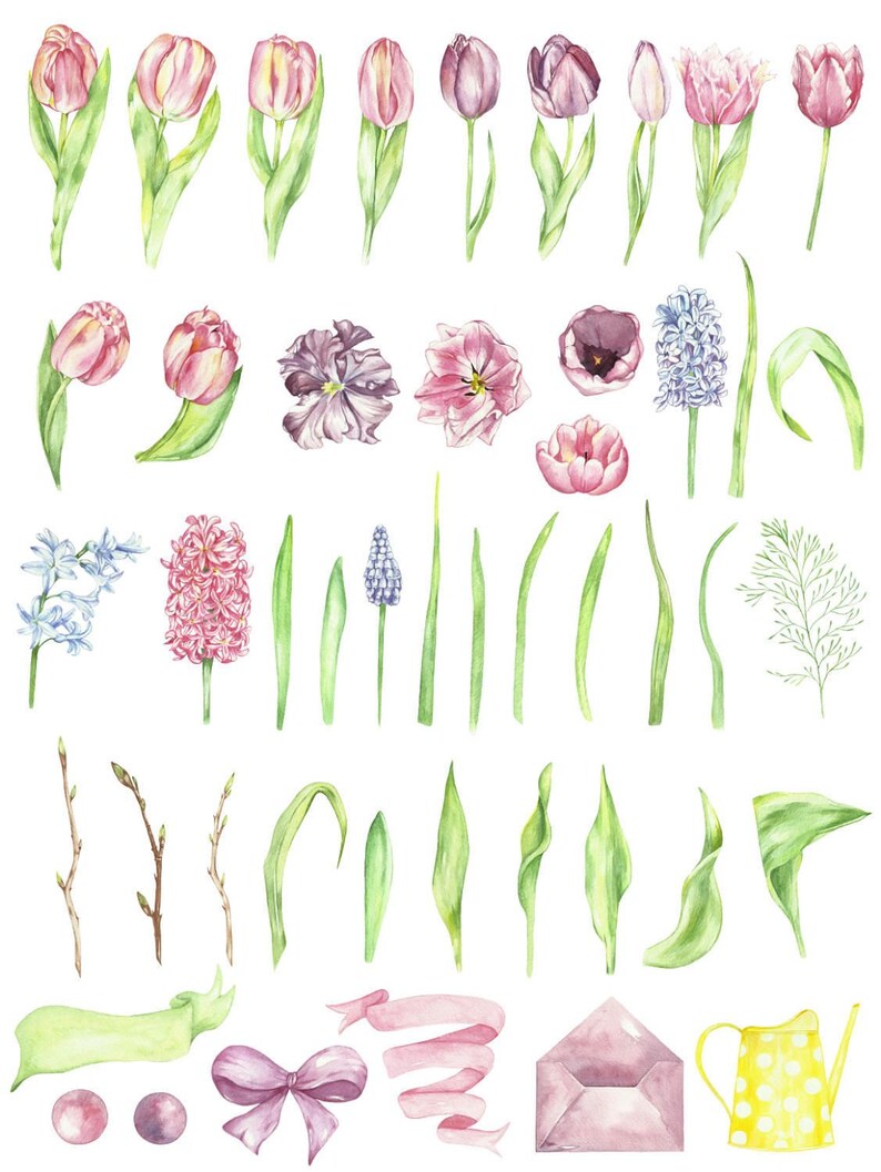 Watercolor Clipart Spring Mood, 47 Separate Floral Elements (pink ...