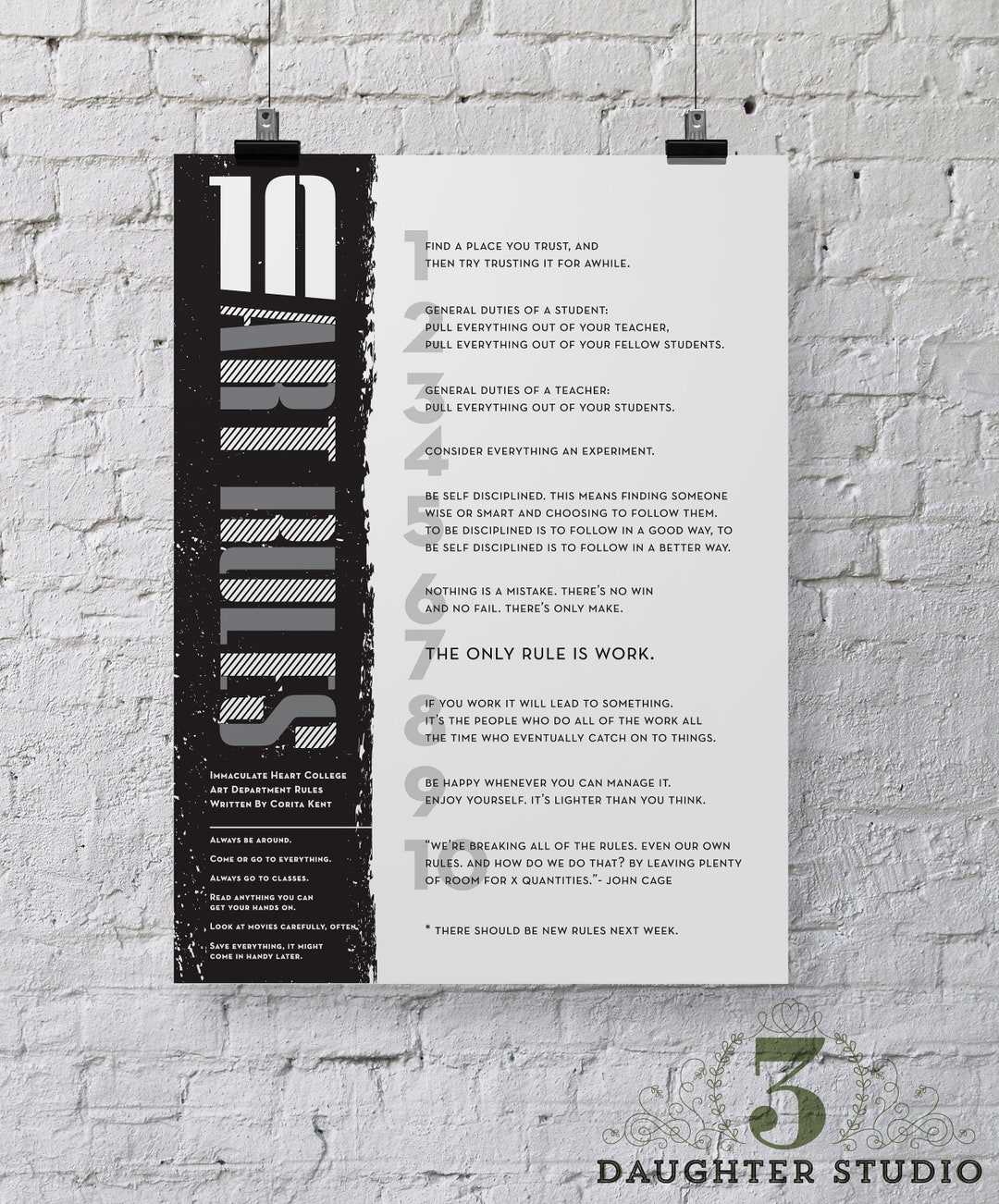 10 Art Rules - Corita Kent Art Department Rules - Wall Art Office Art ...