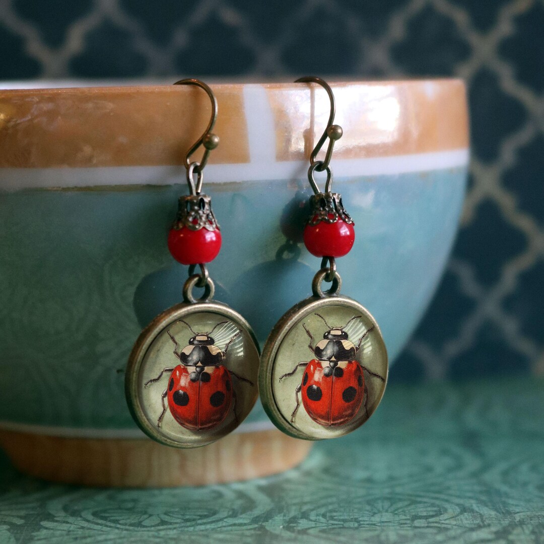 Ladybug Vintage Inspired Drop / Dangle Earrings With Red Glass Accent ...