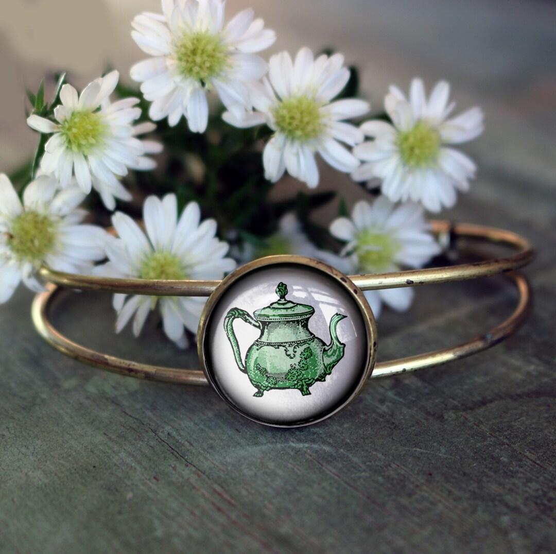 Sweet Tea Green and Yellow Teapot and Teacups Cuff Bracelet / Bangle in ...