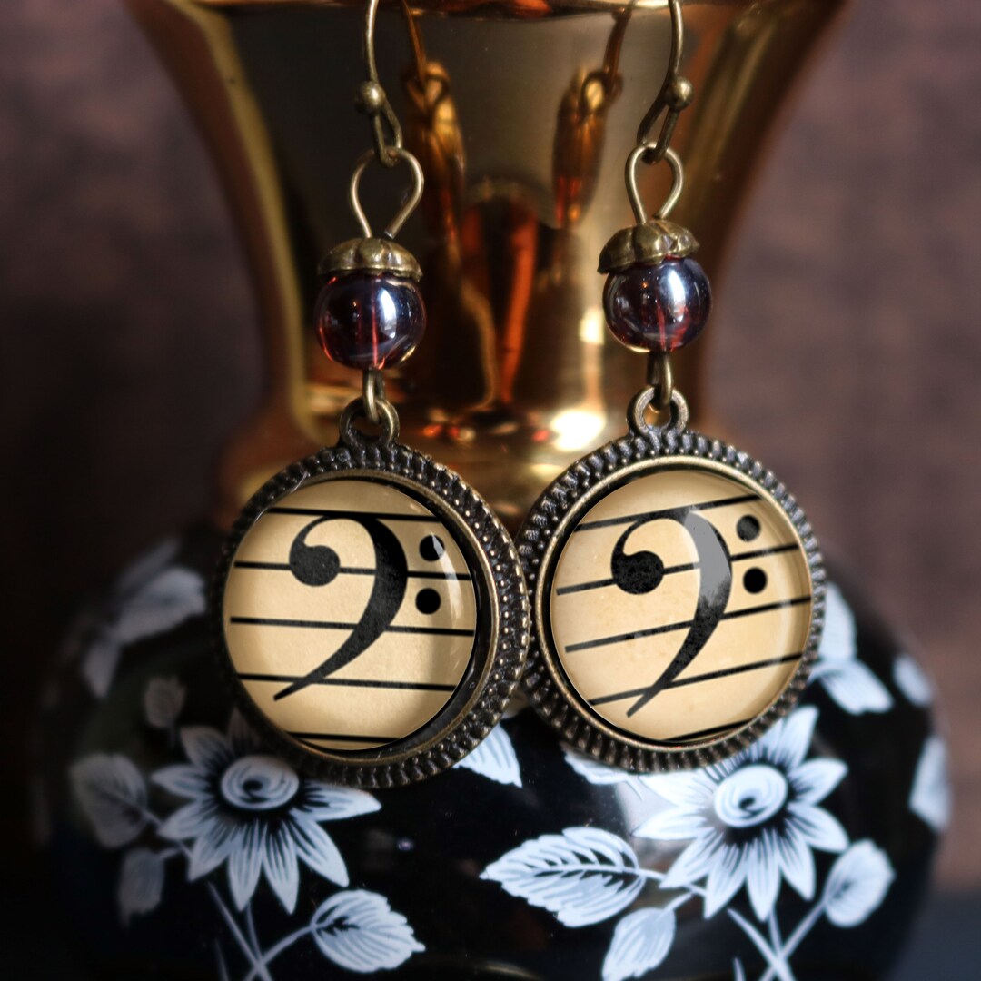 Handmade Antique Bronze Music Note Glass Cabochon Earrings – Unique ...